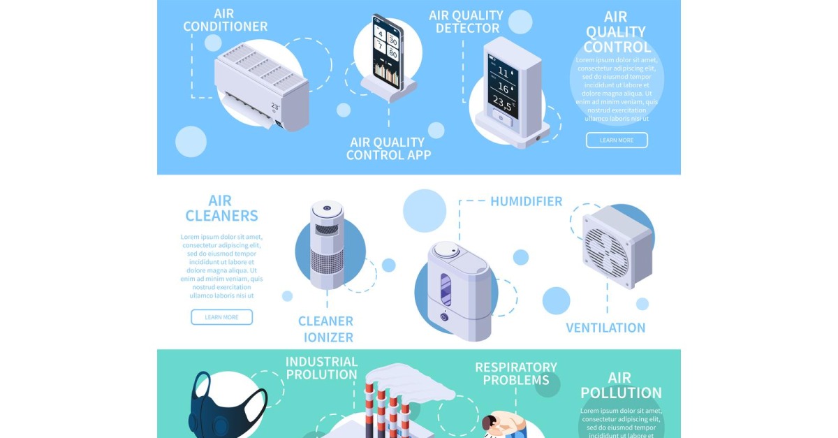 Air Purification Quality Control Isometric Banners 210160709 Vector ...