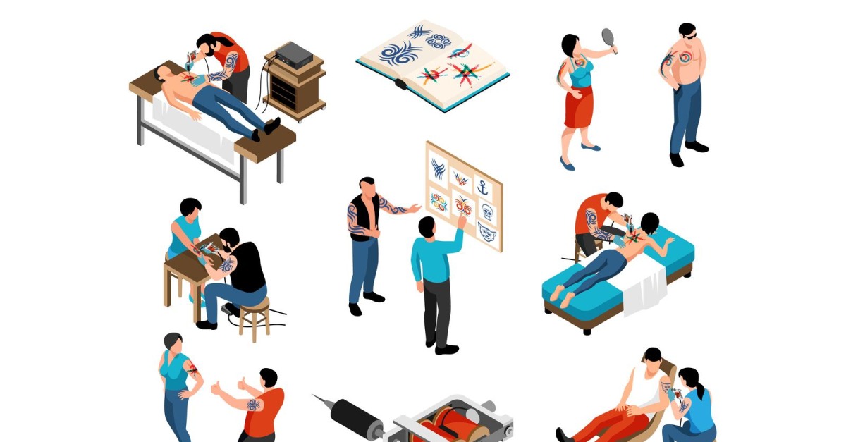 Isometric Tattoo Artist Color Set 210310502 Vector Illustration Concept