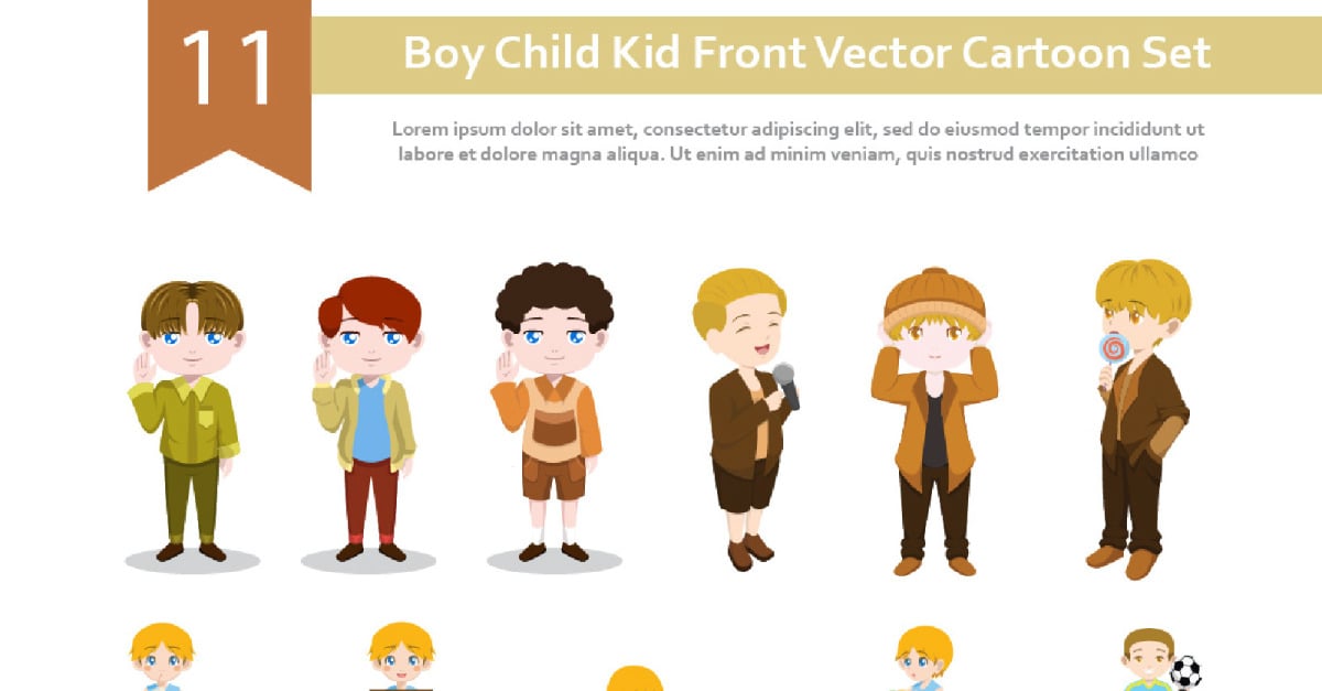 11 Boy Child Kid Front Vector Cartoon Set Illustration