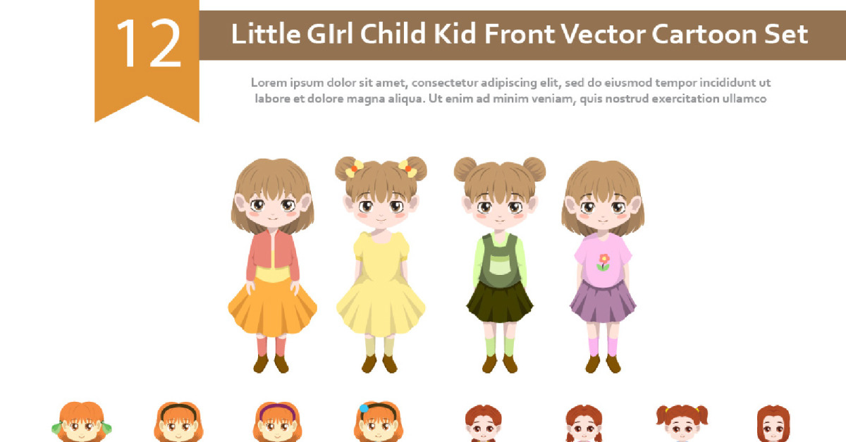 12 Little GIrl Child Kid Front Vector Cartoon Set Illustration