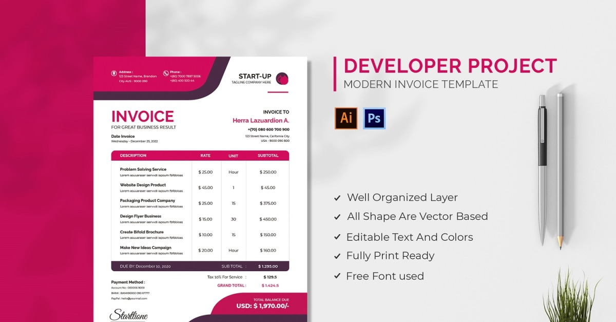 Developer Project Invoice Template #210079 - TemplateMonster