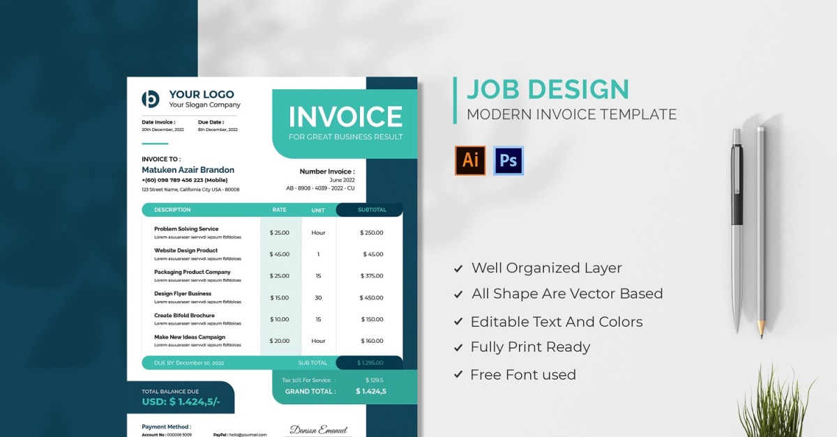 Job Design Invoice Template #210057 - TemplateMonster