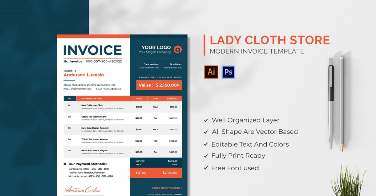 Lady Cloth Store Invoice Template #210060 - TemplateMonster