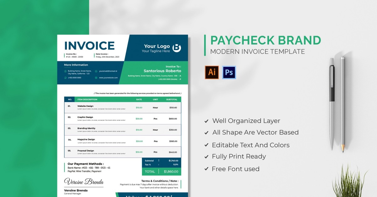 Paycheck Brand Invoice Template #210078 - TemplateMonster