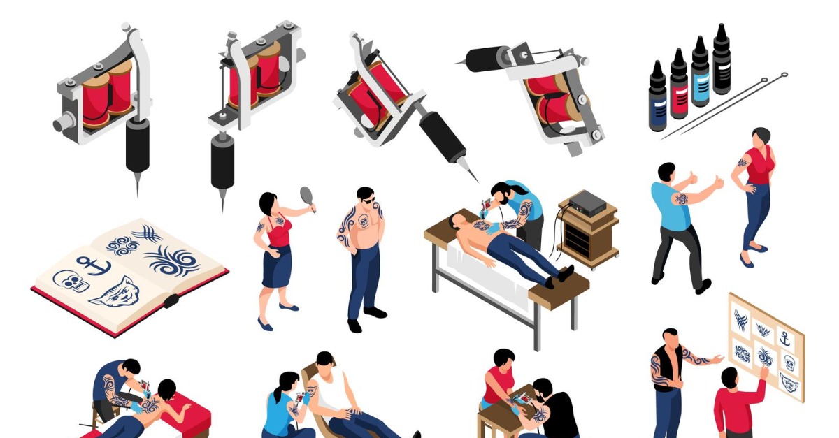 Isometric Tattoo Artist Set 210310501 Vector Illustration Concept