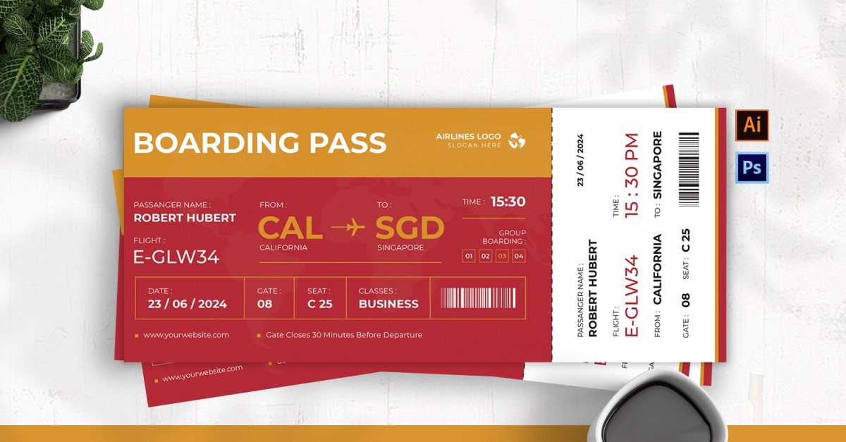Red Passenger Entrances Boarding Pass - TemplateMonster
