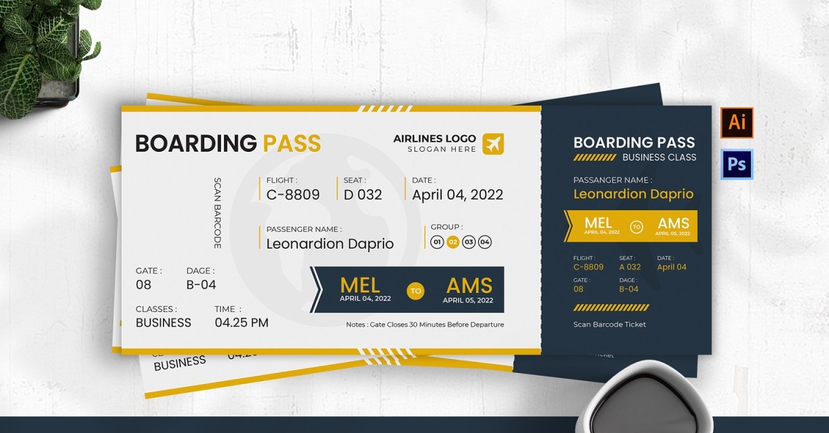 Yellow Flight Board Boarding Pass #212292 - TemplateMonster