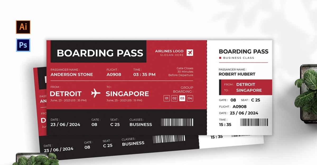 Cartão de embarque para avião comercial - TemplateMonster