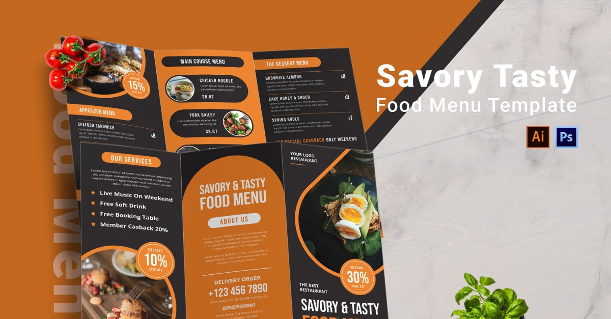 Modèle de menu de plats savoureux et savoureux
