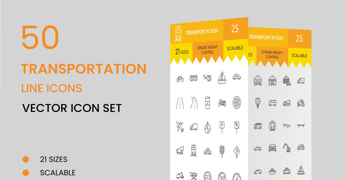 50 Transportation Line Icon Set Template - TemplateMonster