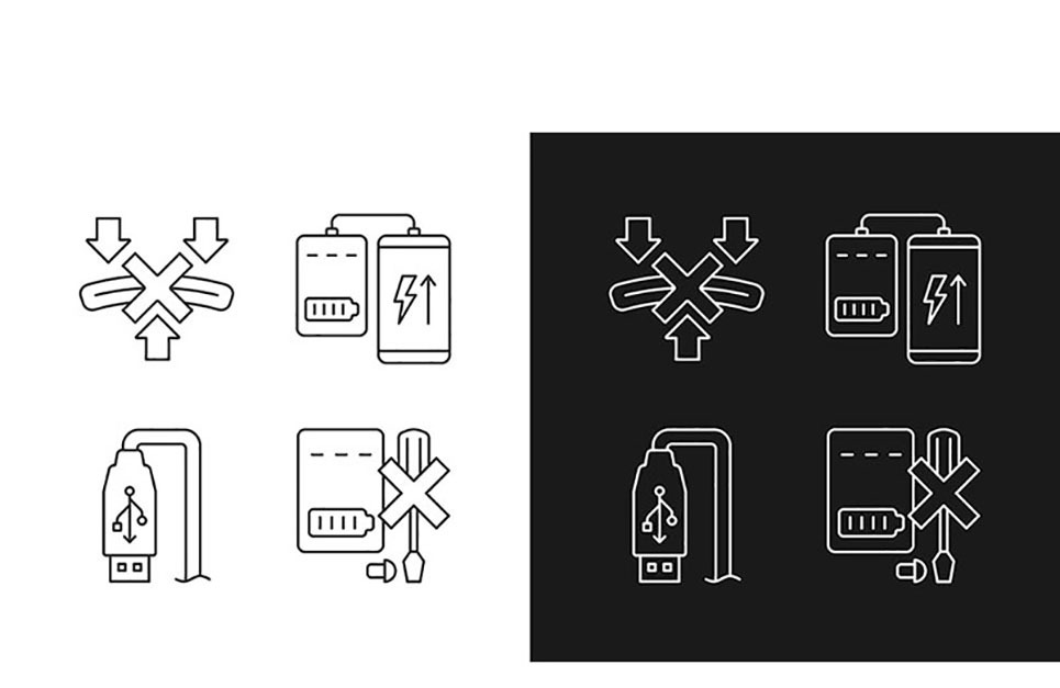 Powerbank Proper Use Linear Manual Label Icons Set For Dark And Light Mode