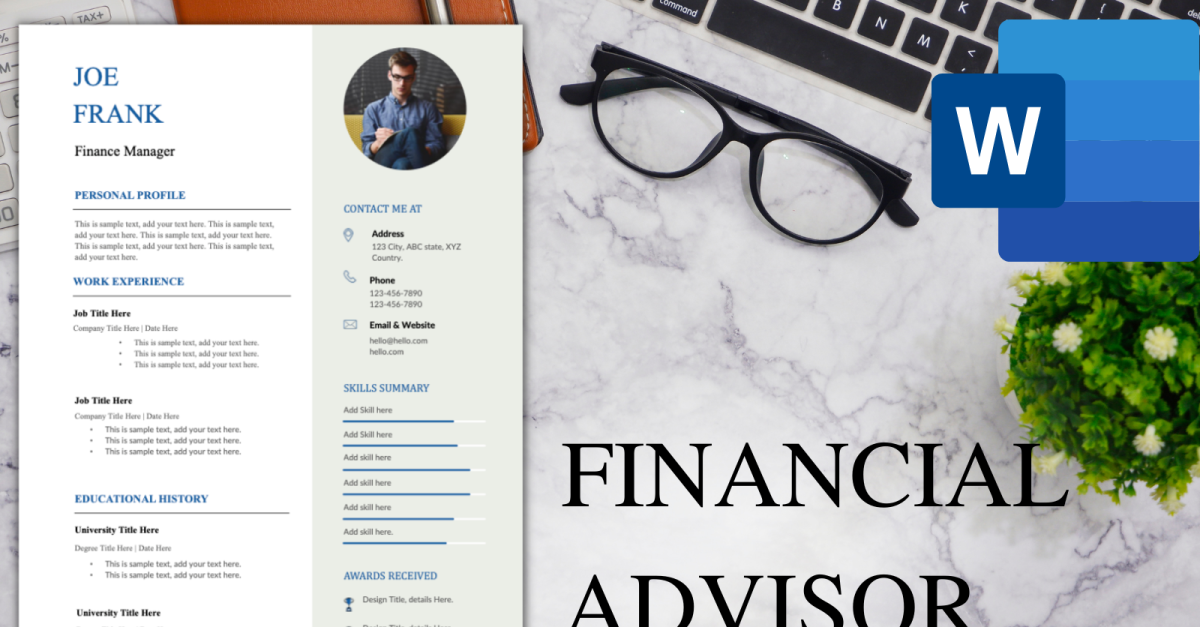 ONE-PAGE Resume / CV Template for Financial Advisors.