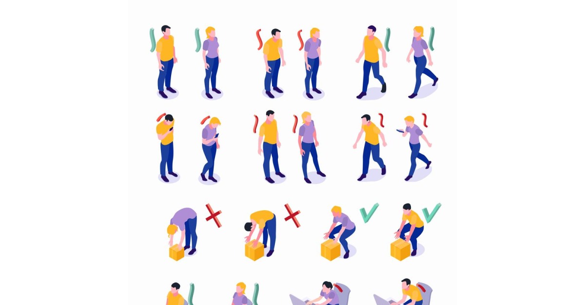Isometric Man Woman Improper Correct Postures Set 201103215 Vector ...