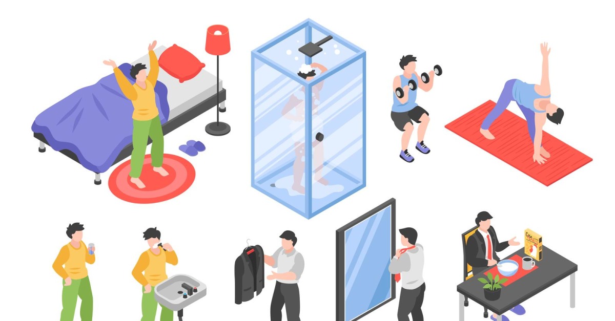 Isometric Morning Routine Men Set 201212123 Vector Illustration Concept