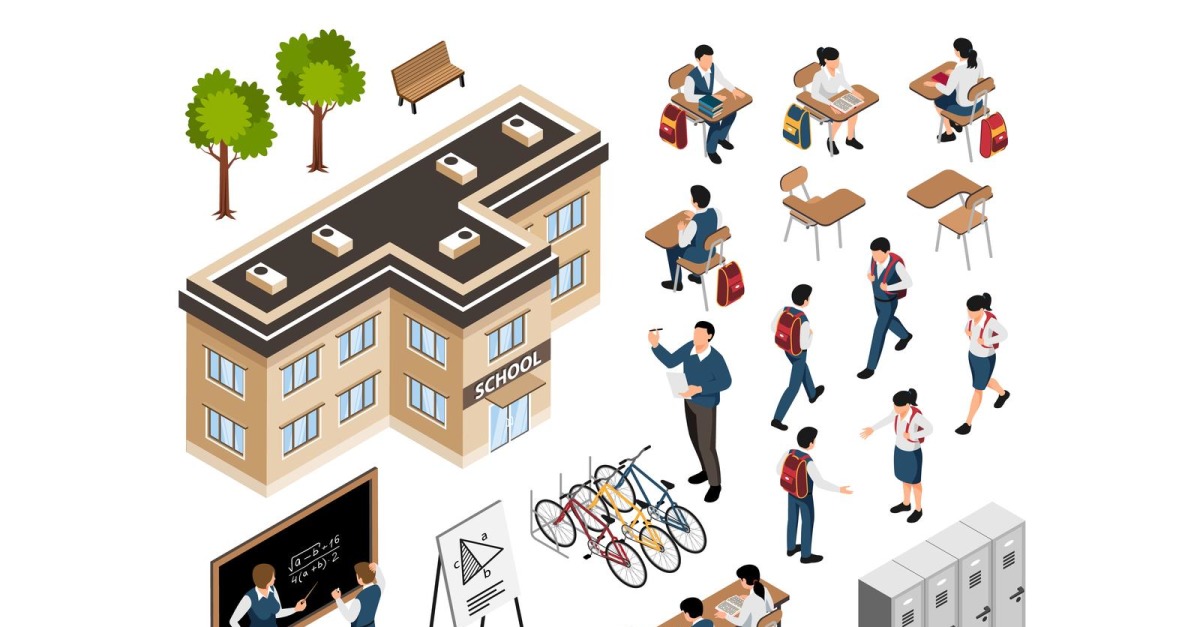 Isometric School Building Set 200910528 Vector Illustration Concept