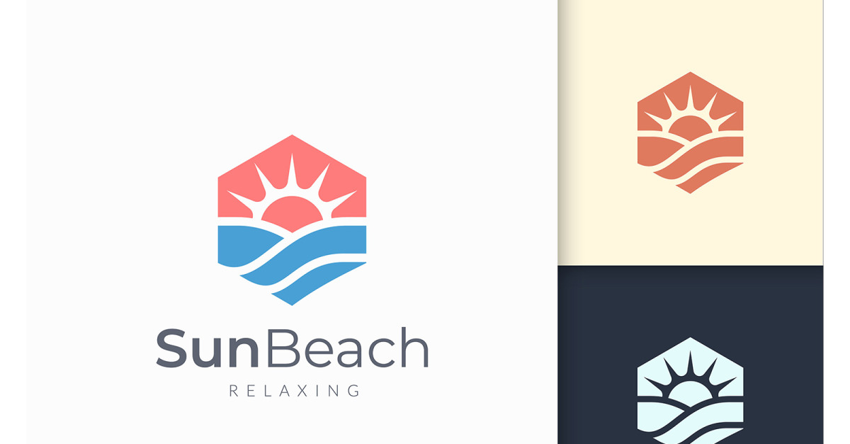 El logotipo del océano o del mar en olas y sol representa la aventura ...