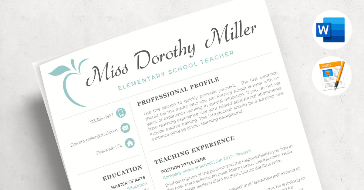 DOROTHY - Elementary Teacher CV Template for MS Word & Pages with Cover ...