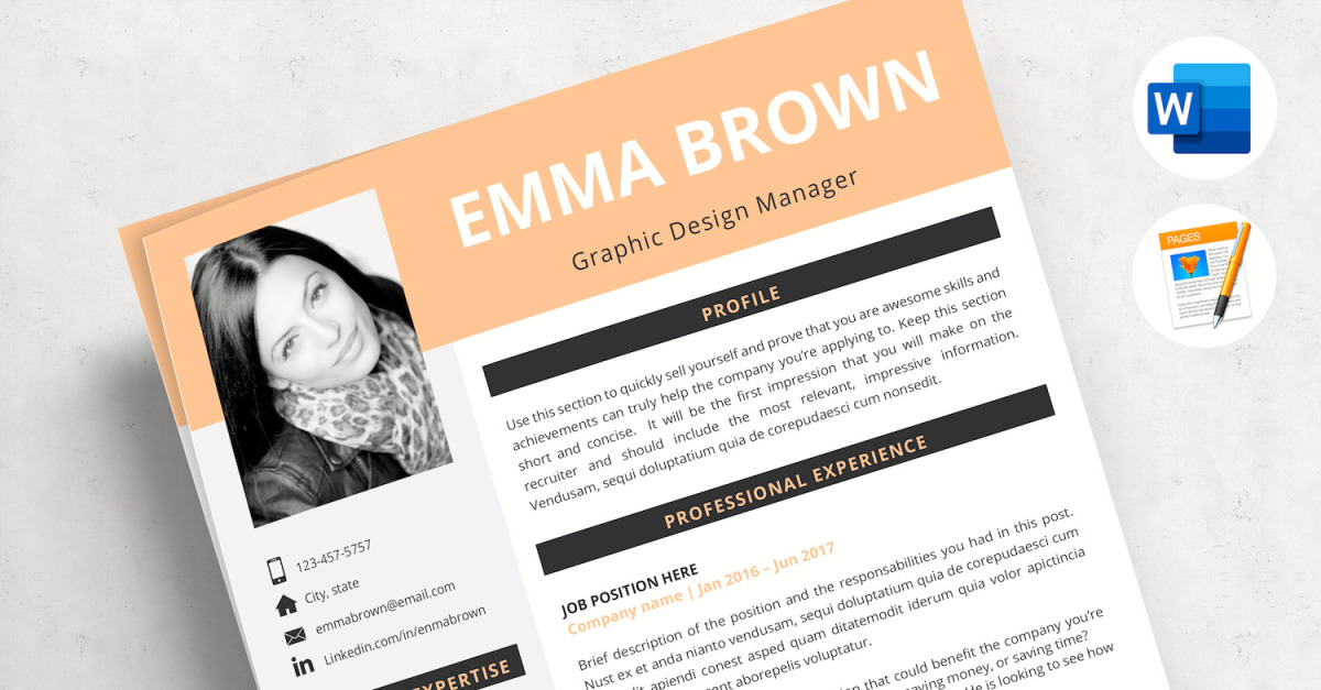 EMMA - Modern CV with Picture for Microsoft Word and Pages and Cover ...