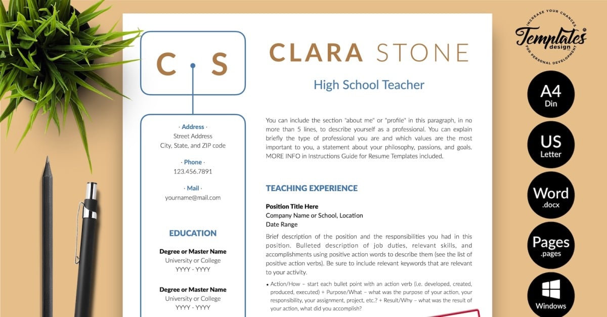 Clara Stone - Teacher CV Resume Template with Cover Letter for ...