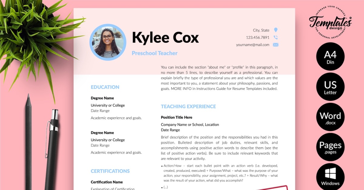 Kylie Cox - Teacher CV Resume Template with Cover Letter for Microsoft Word & iWork Pages