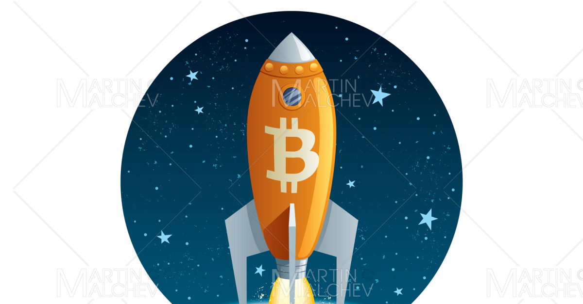 Bitcoin-Rakete in der Weltraum-Vektor-Illustration