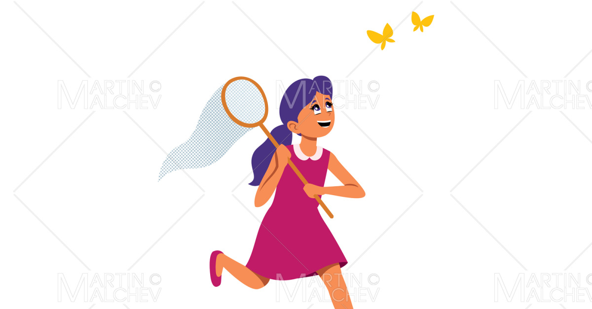 Girl Chasing Butterflies on White Vector Illustration