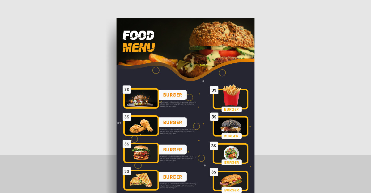 Menu di cibo e hamburger Flyer Template Design