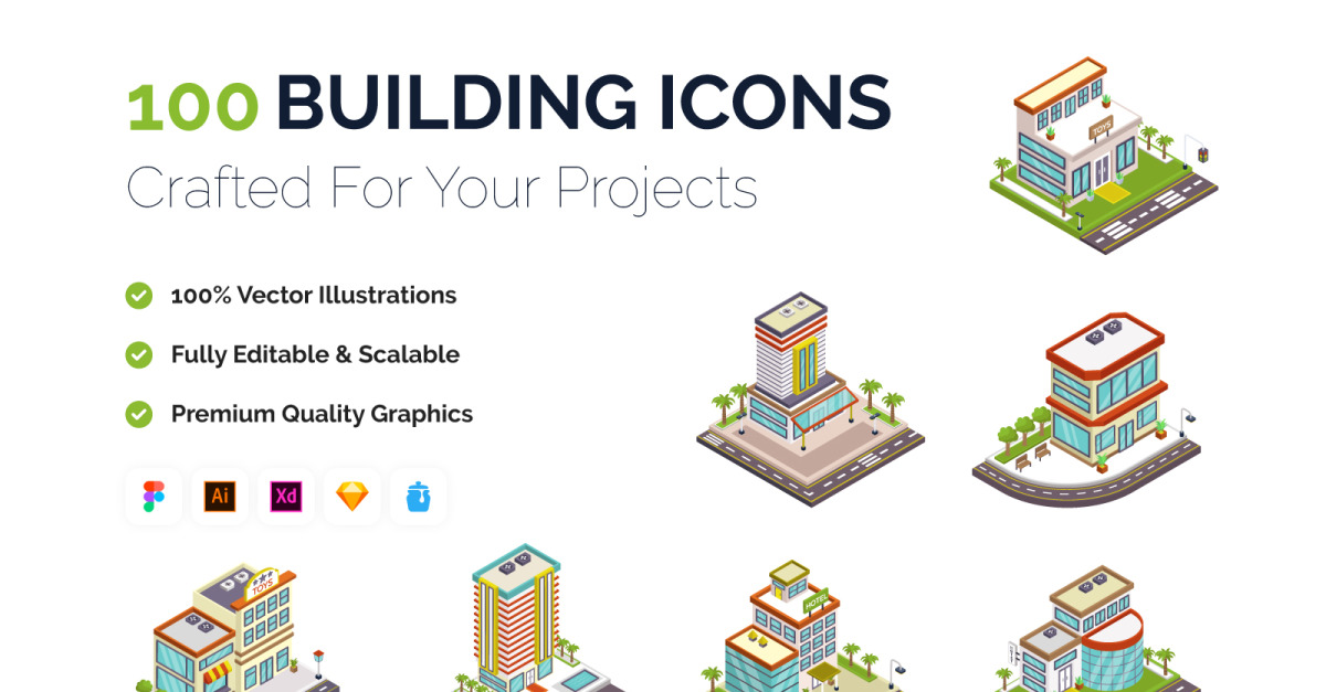 100 Building isometric Icons #222390 - TemplateMonster