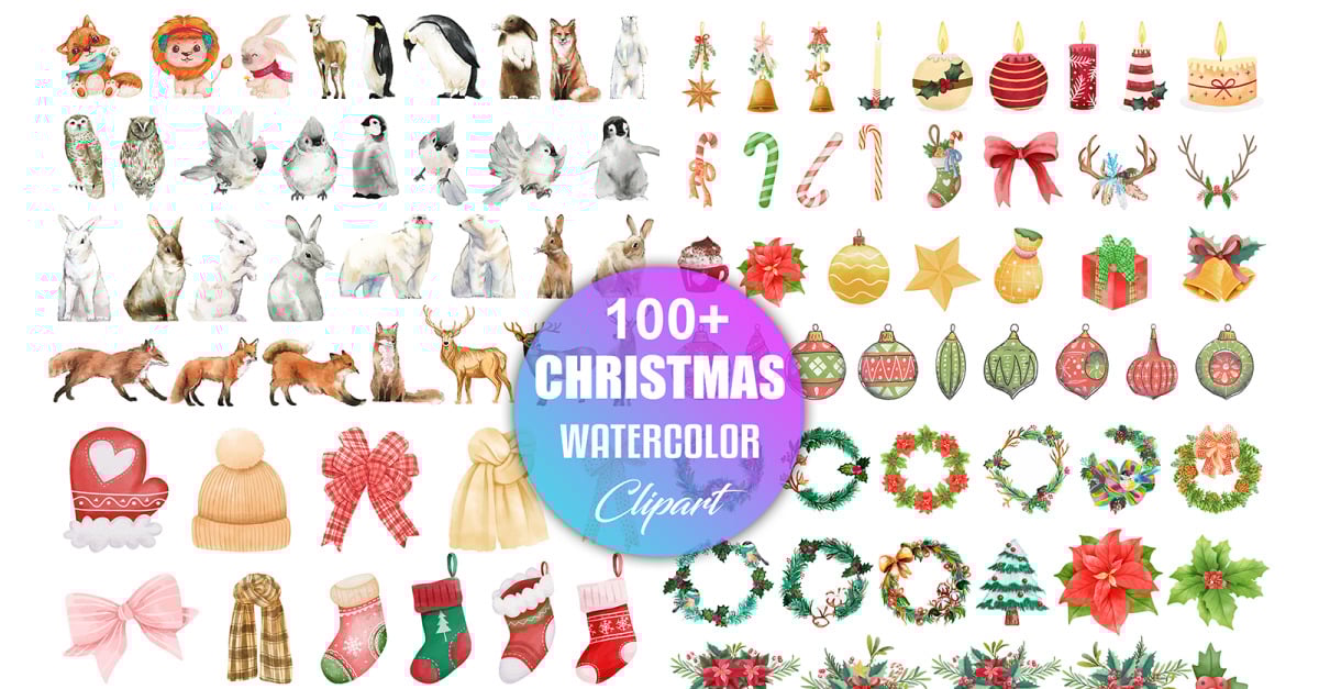 Watercolor Christmas Elements, Watercolor Christmas Clipart, Christmas ...
