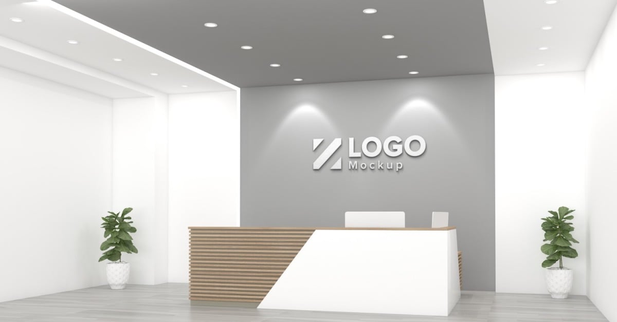 A 3D rendering of a modern office reception interior