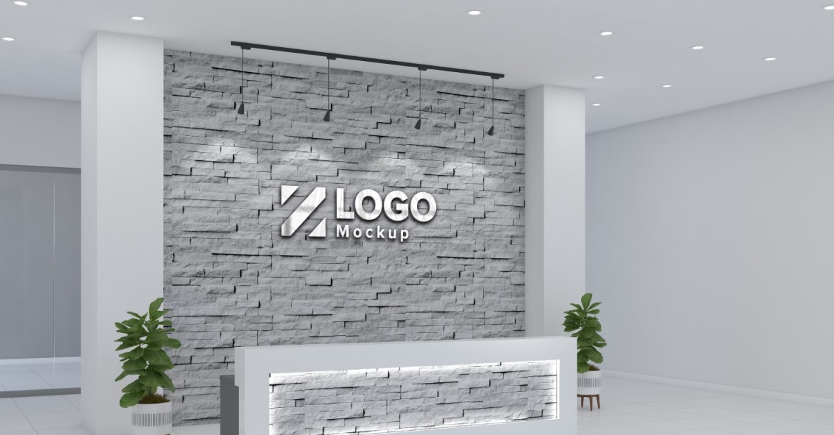 Hotel Reception with Rough stone walls Mockup template