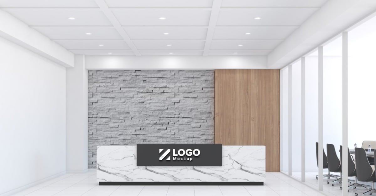 Office reception counter and meeting room with glass doors