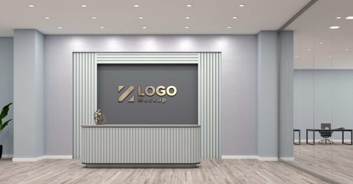 Office Reception counter with Black wall and Glass Room Logo Mockup