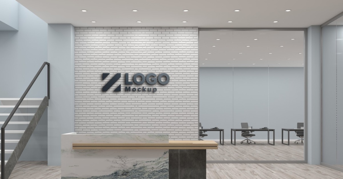Office Reception counter with Break stone walls Logo Mockup