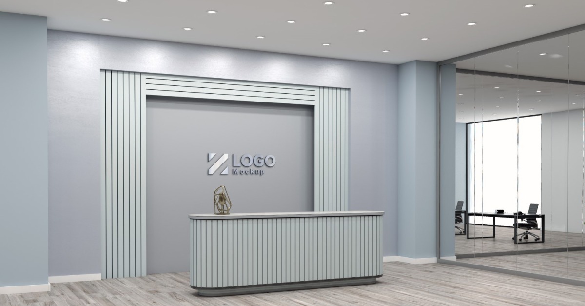 Office Reception counter with Gray wall & Glass Room Logo Mockup Template