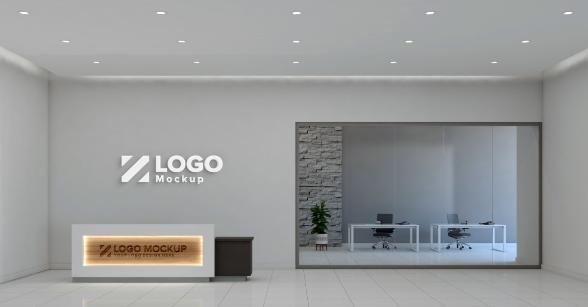 Office reception counter with Gray Wall And Glass Room logo mockup