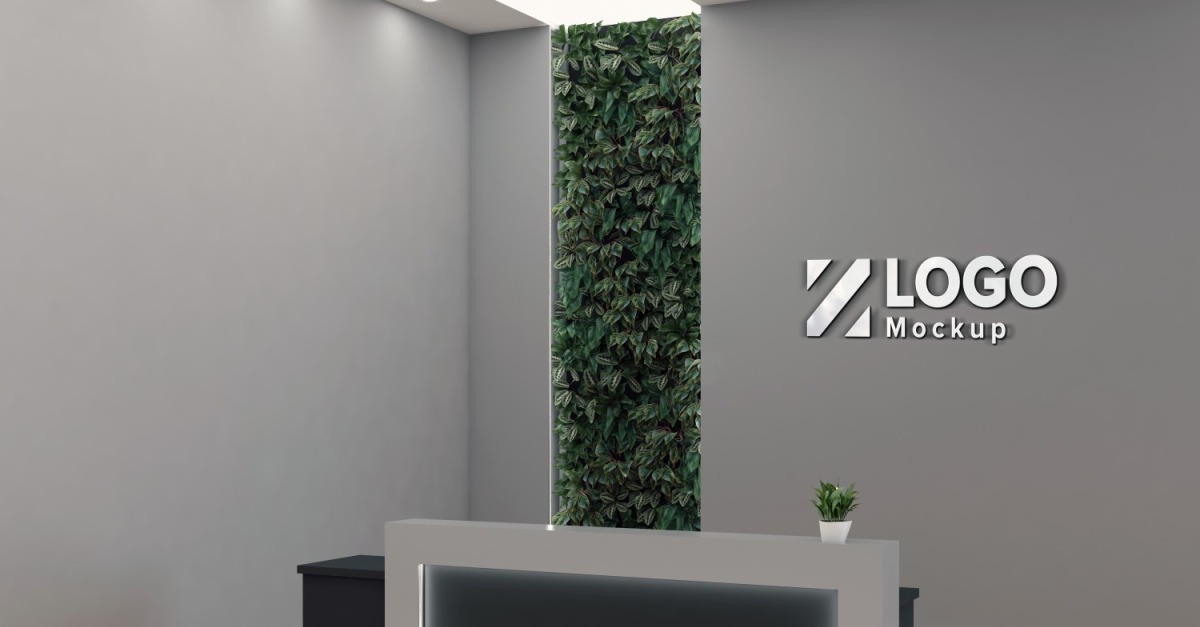 Office reception counter with Gray Wall logo mockup