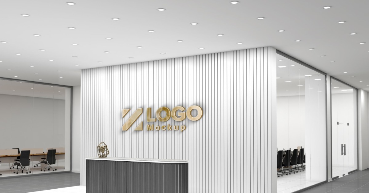 Office Reception counter with White wall with Meeting Room Logo Mockup