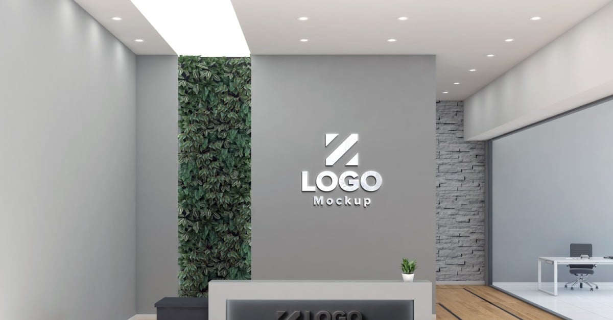 Office reception With counter and meeting room with glass