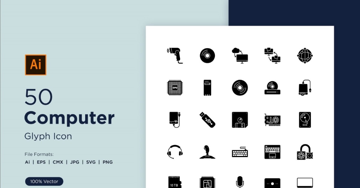 50 Computer Glyph Icon Set #228829 - TemplateMonster
