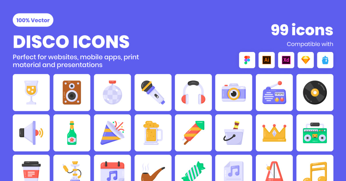 Disco Icons - 99 Detailed flat Graphics - TemplateMonster