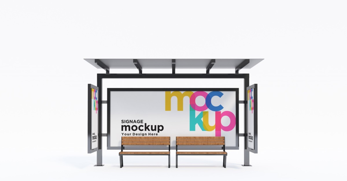 Bus Stop Billboard With Three Signage Mockup Template