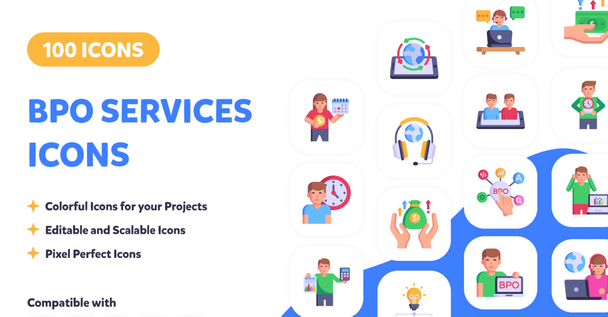 100 BPO Services Flat Icons #231710 - TemplateMonster