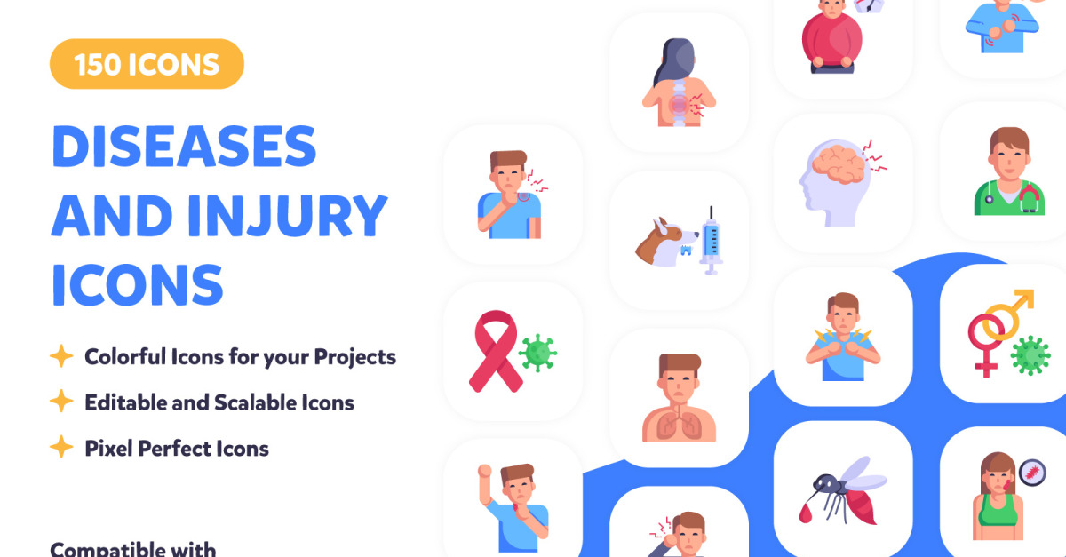 100 Flat Diseases and injury Icons #231874 - TemplateMonster