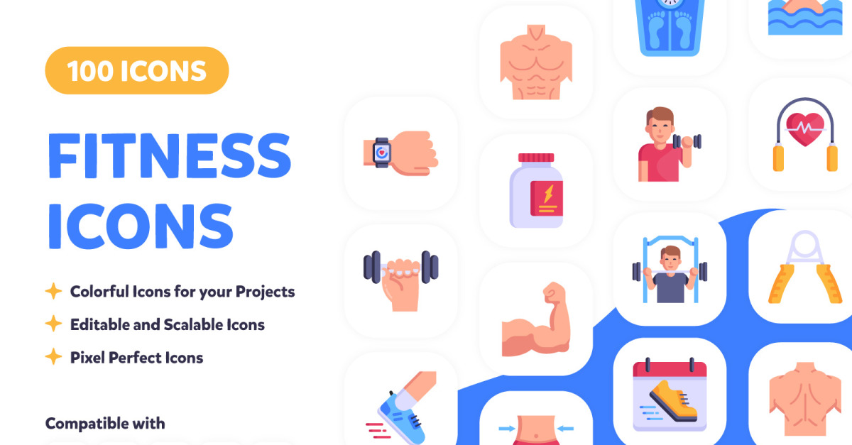 100 Flat Fitness Icons - Exercise Vectors - TemplateMonster