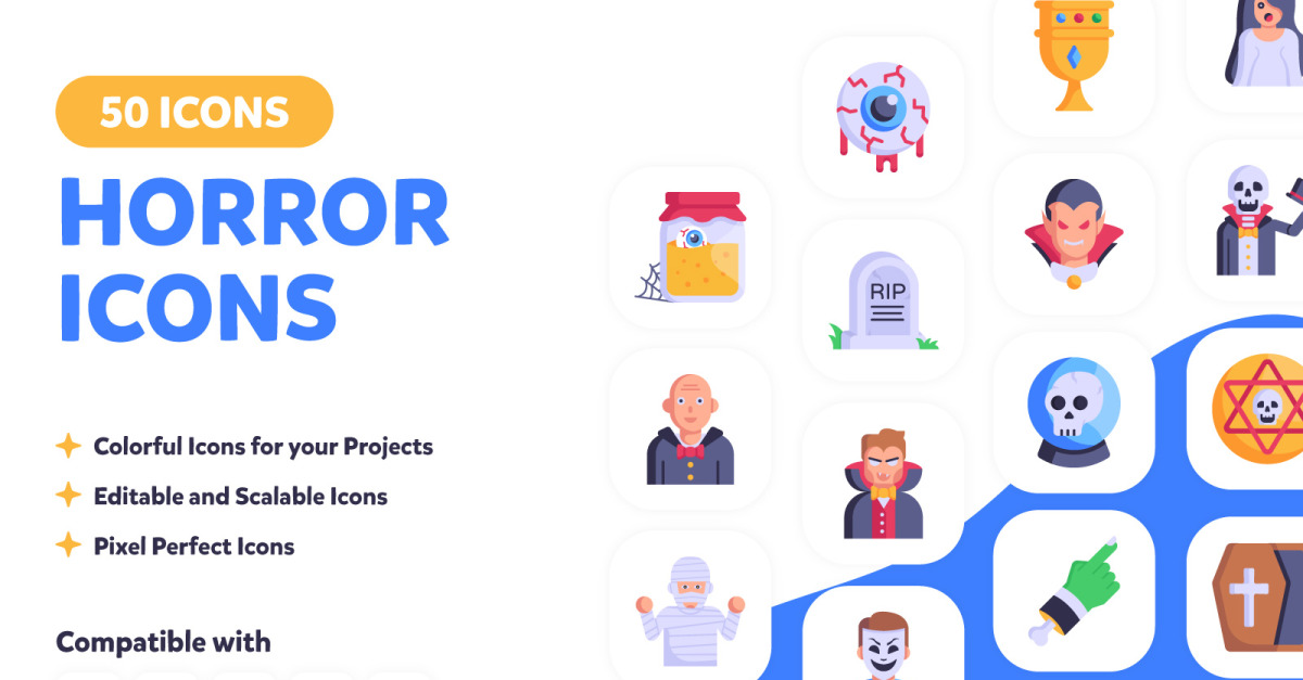 50 Flat Horror Icons-Vector Designs #231873 - TemplateMonster
