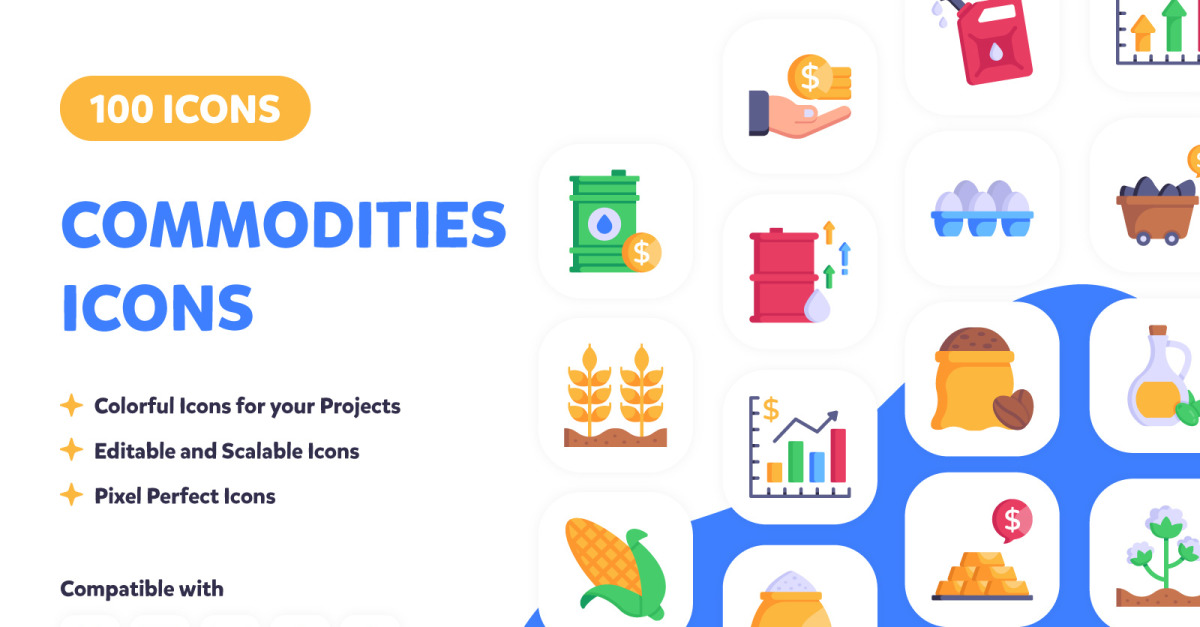 100 Commodities Icons - Flat Vectors - TemplateMonster