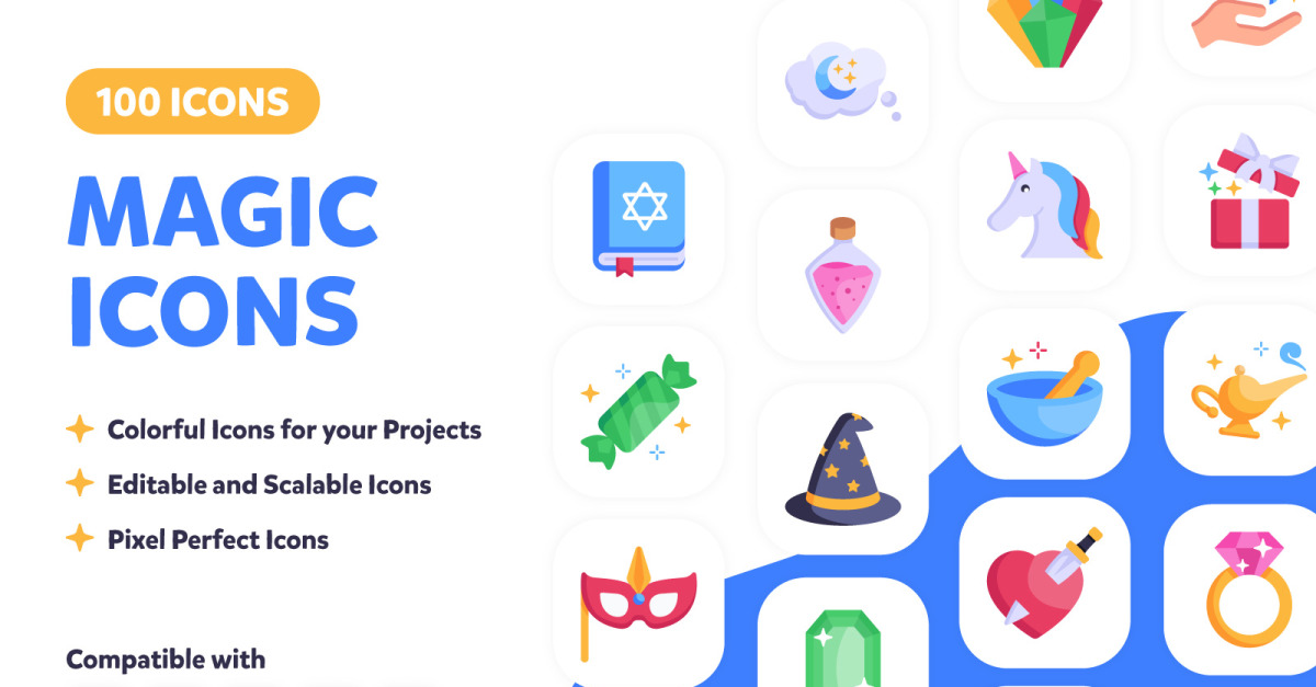 100 Magic Icons - Flat Vector Icons #231803 - TemplateMonster