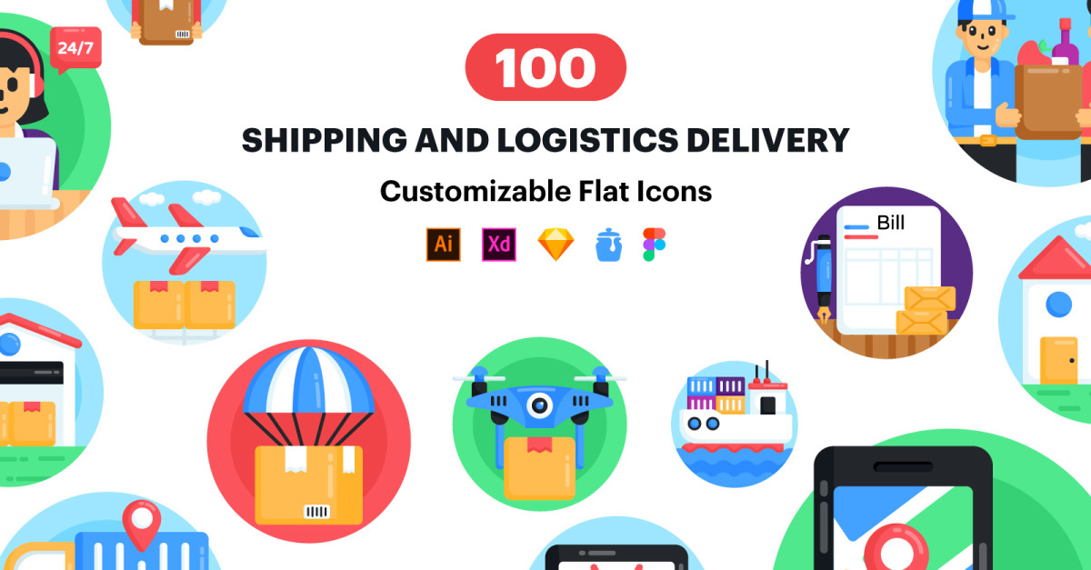 Logistics Icons - 100 flat Vector Icons - TemplateMonster