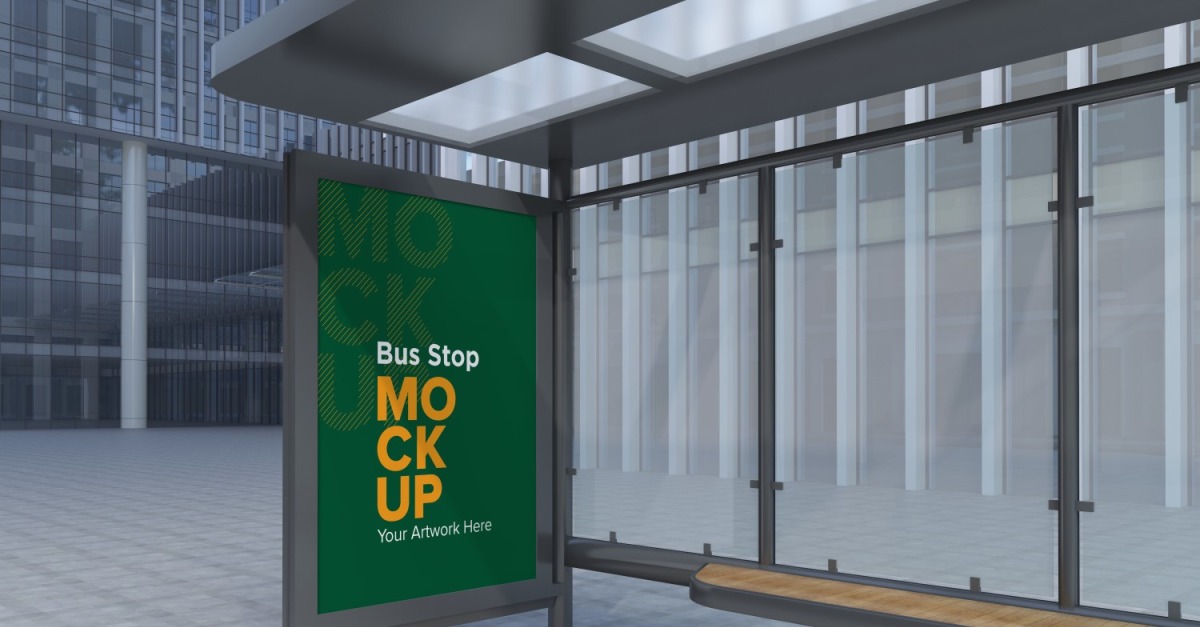 Evening View Bus Stop Sign mockup Template v2
